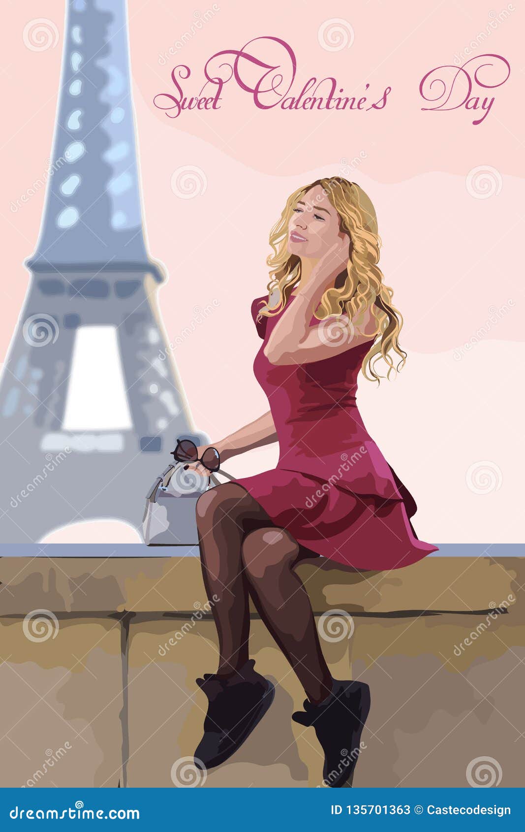 Girl in Paris Romantic Vector. Eiffel Tower on Background. Cartoon ...