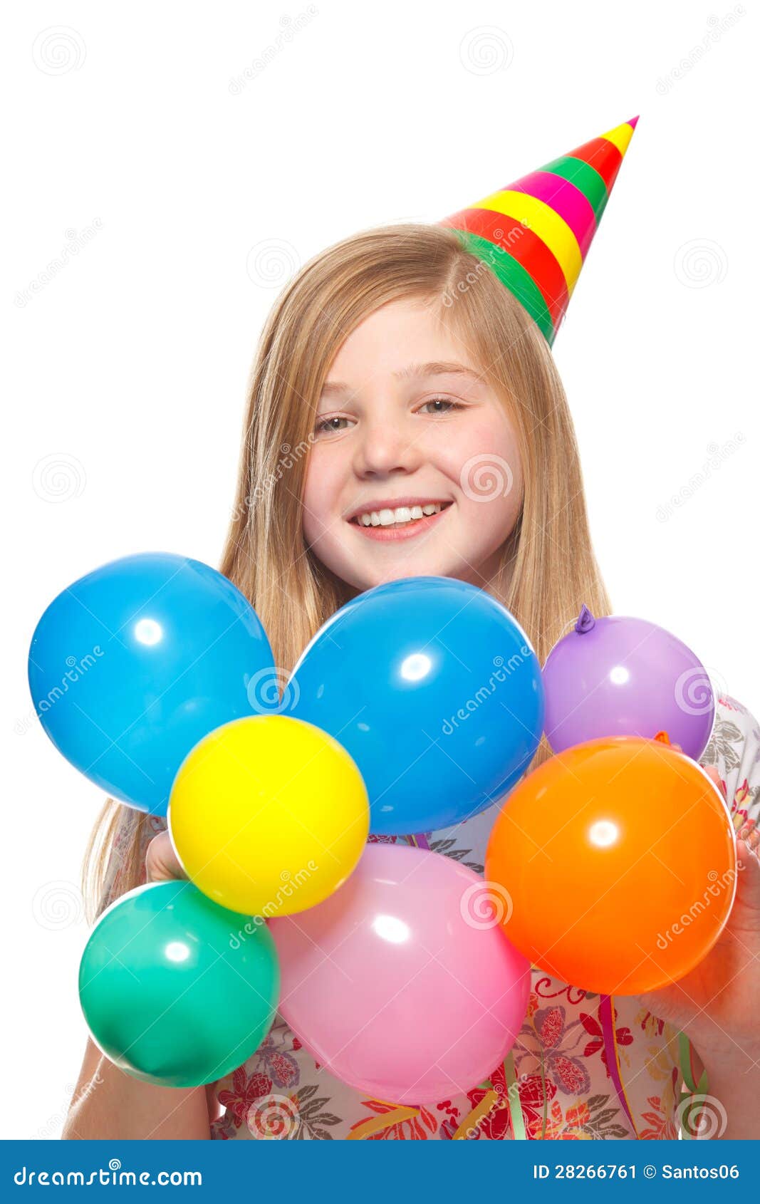 Girl with Party Hat and Balloons Stock Image - Image of space, balloons ...