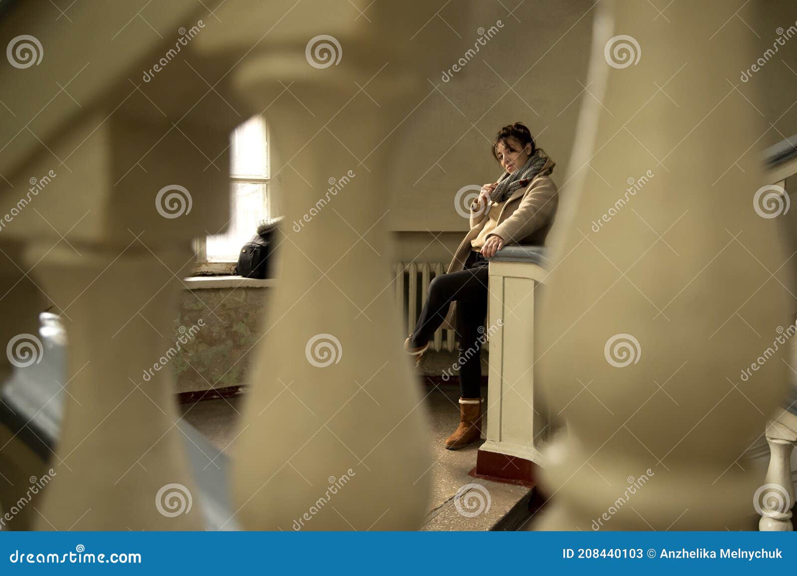 Girl Peeking Out from Behind the Columns Stock Image - Image of jacket ...