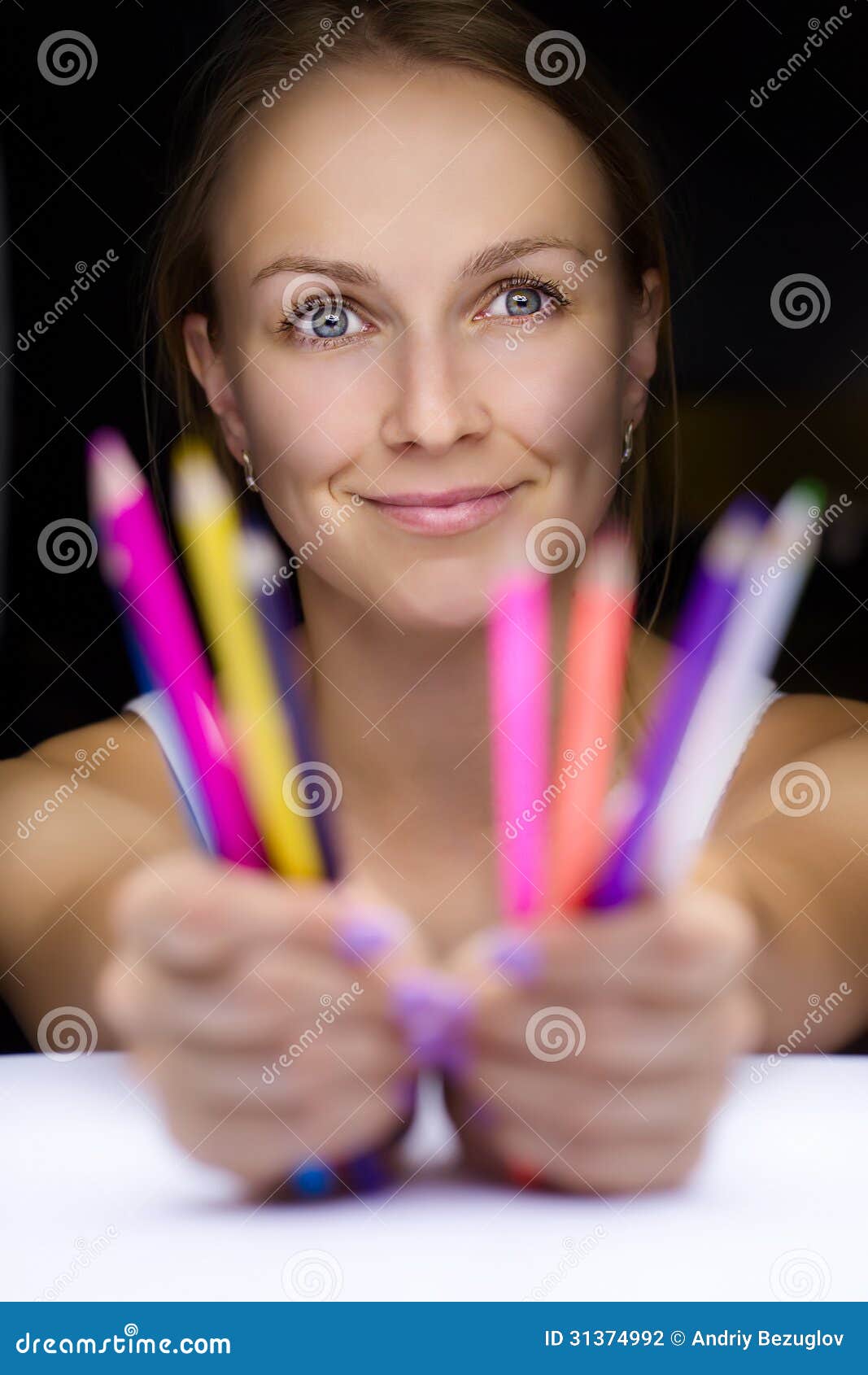 Girl with pencils stock photo. Image of purple, beautiful - 31374992