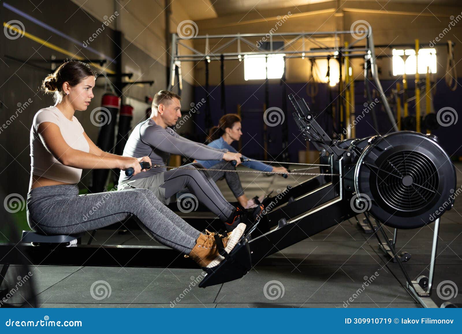 Girl Performs Exercises With Rowing Machine In Gym Stock Image Image