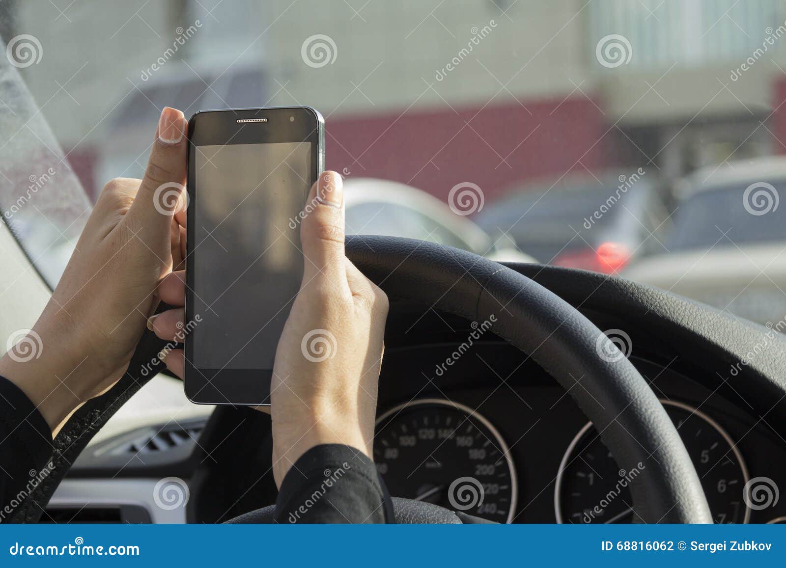 A Girl and a Phone in the Car Stock Photo - Image of interior, steering ...