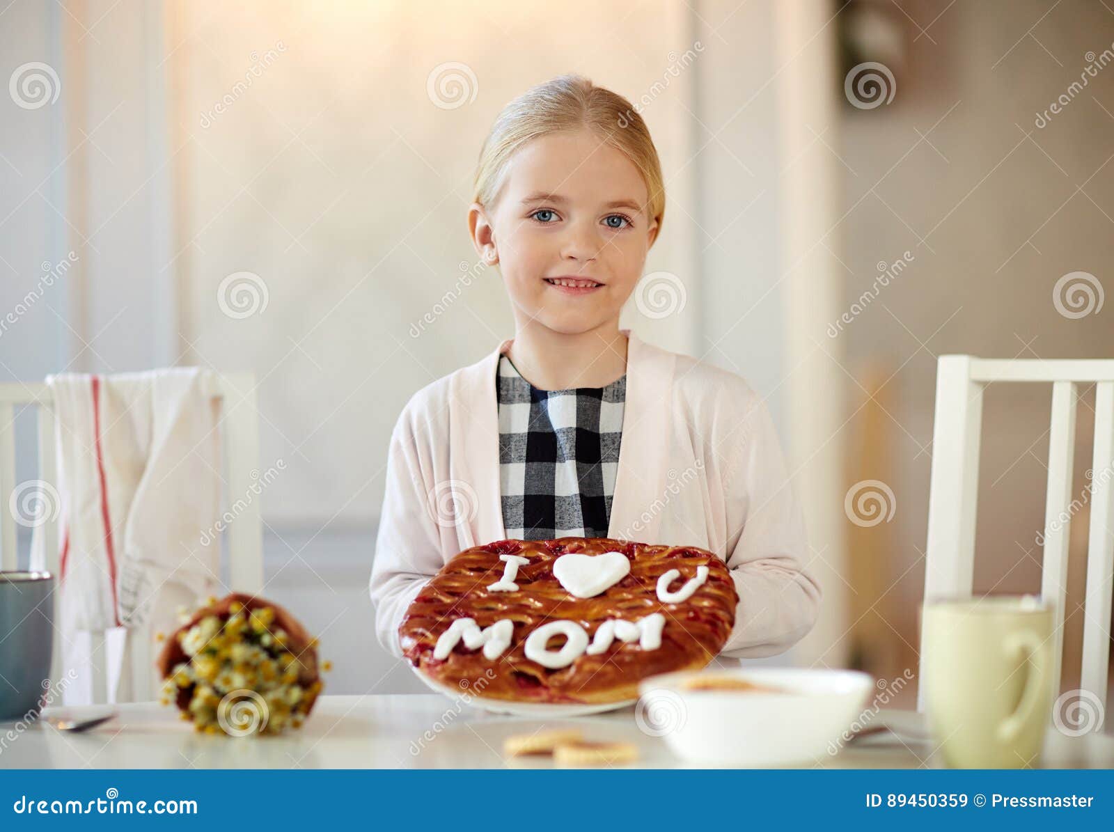 Girl with pie stock image. Image of mother, smiling, cake - 89450359