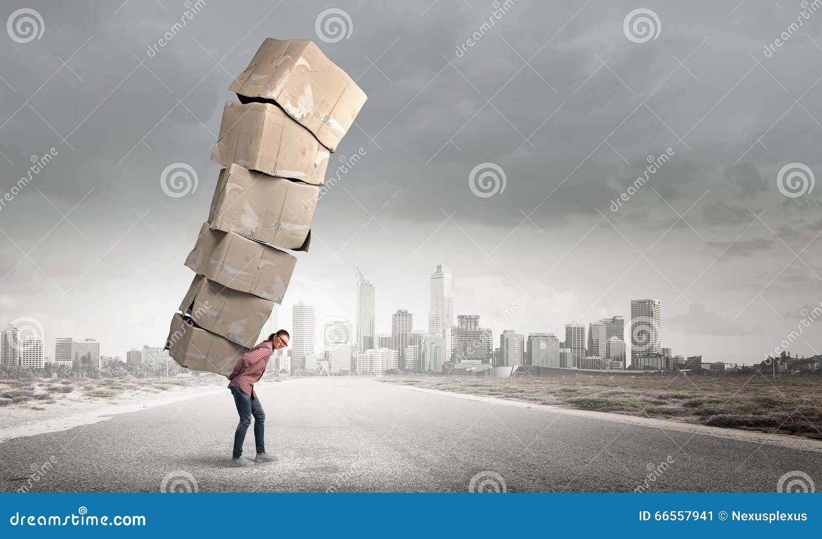 Girl with pile of boxes stock image. Image of burden - 66557941