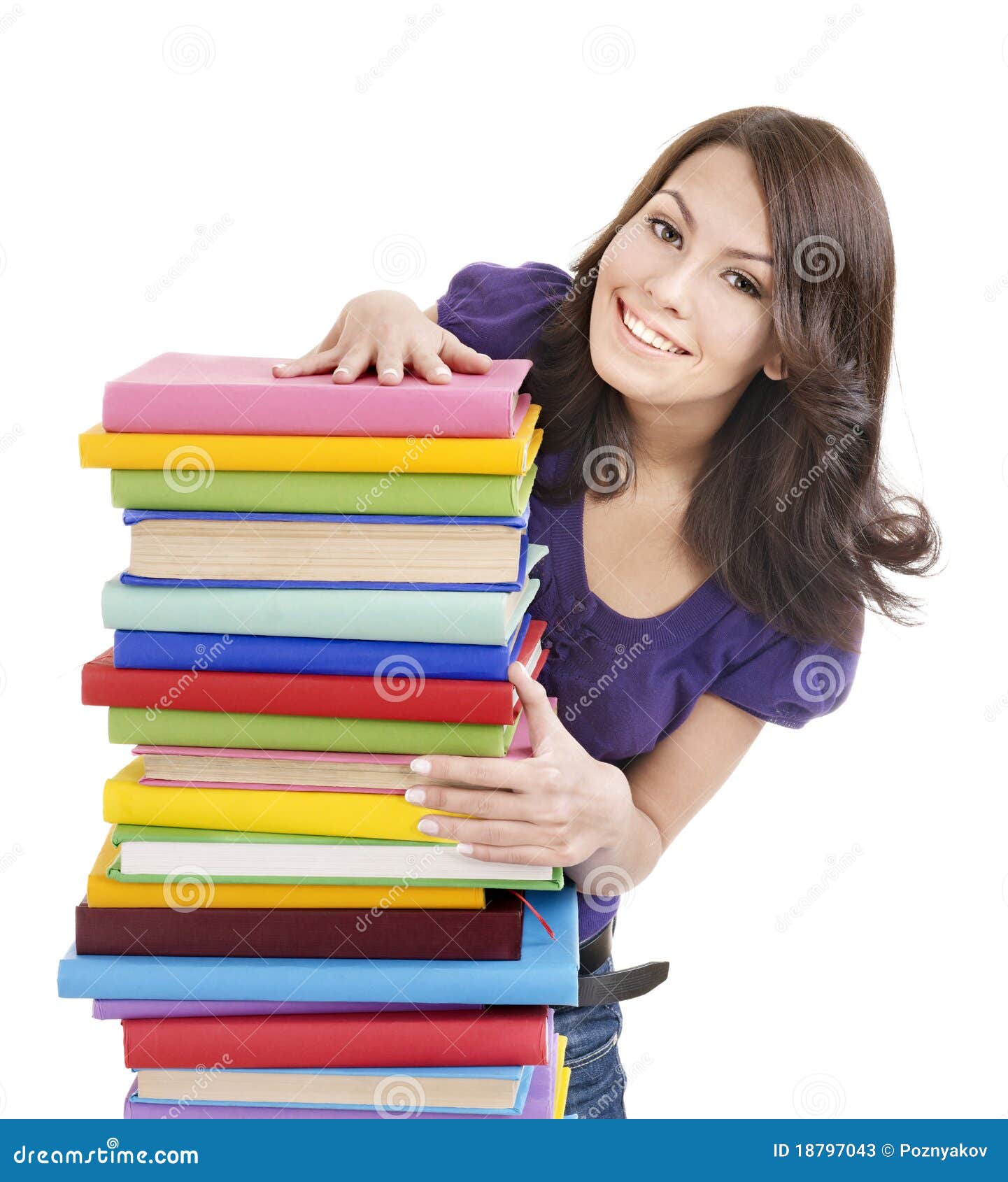 Girl with Pile Color Book . Stock Image - Image of happy, back: 18797043