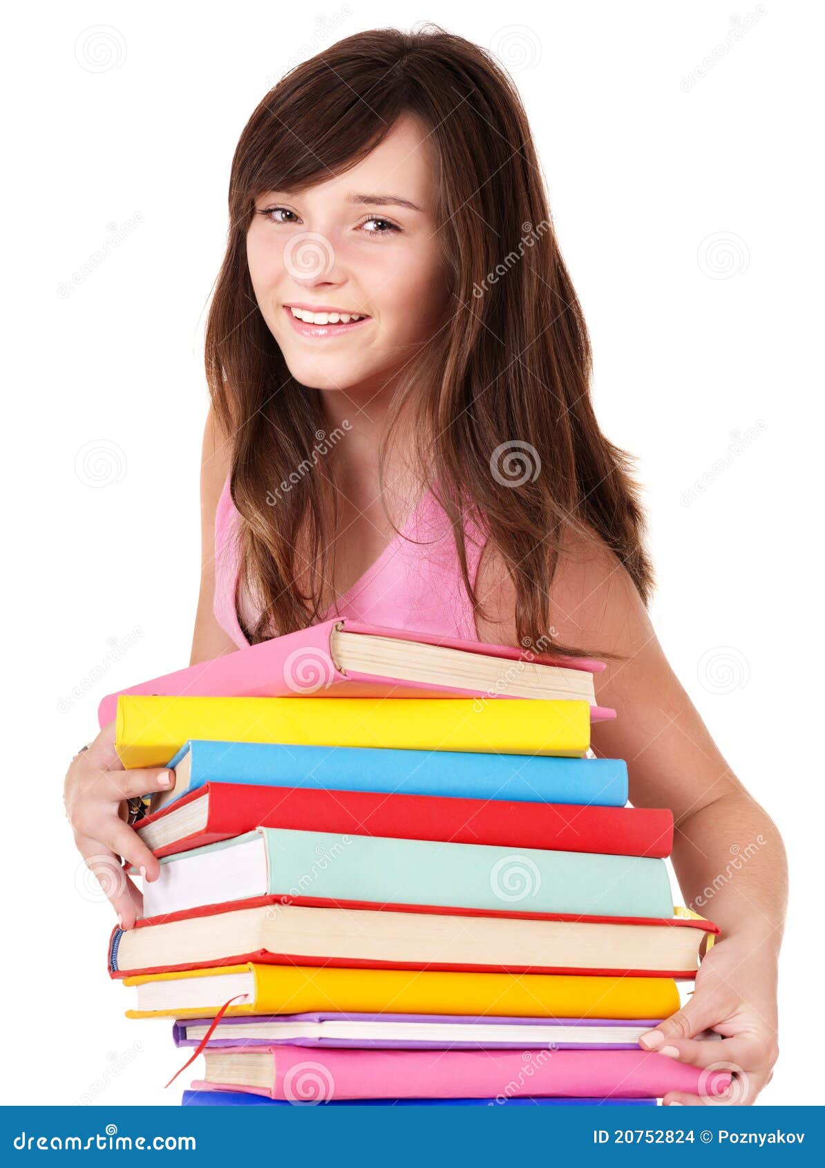 Girl with Pile Colored Book . Stock Photo - Image of children ...