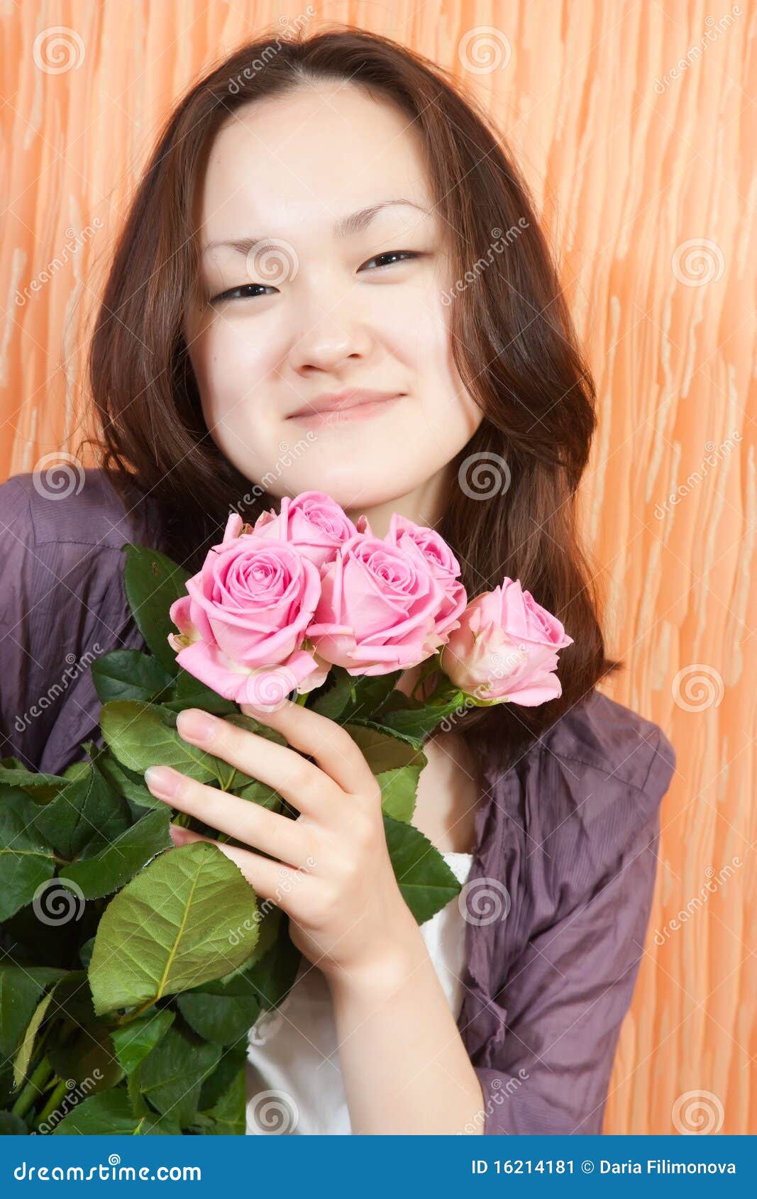 Girl and pink roses stock image. Image of chinese, exotic - 16214181