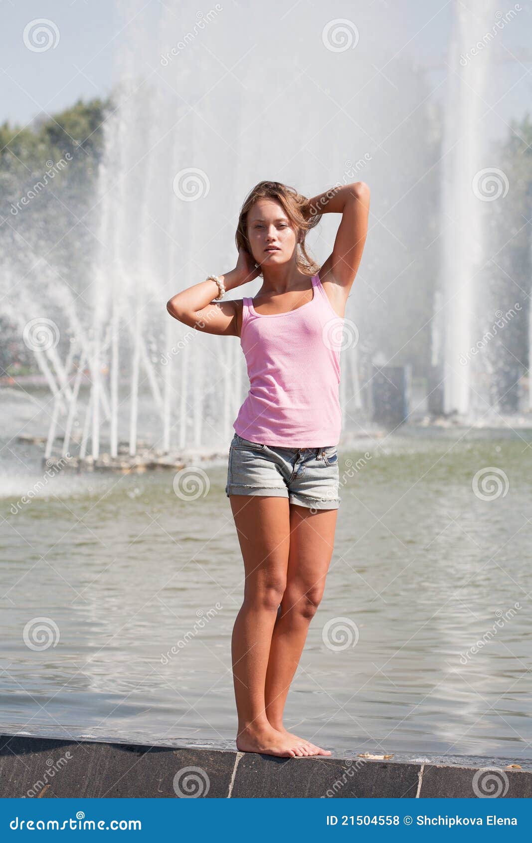 Girl in a Pink Vest and Shorts Stock Photo - Image of fountain ...