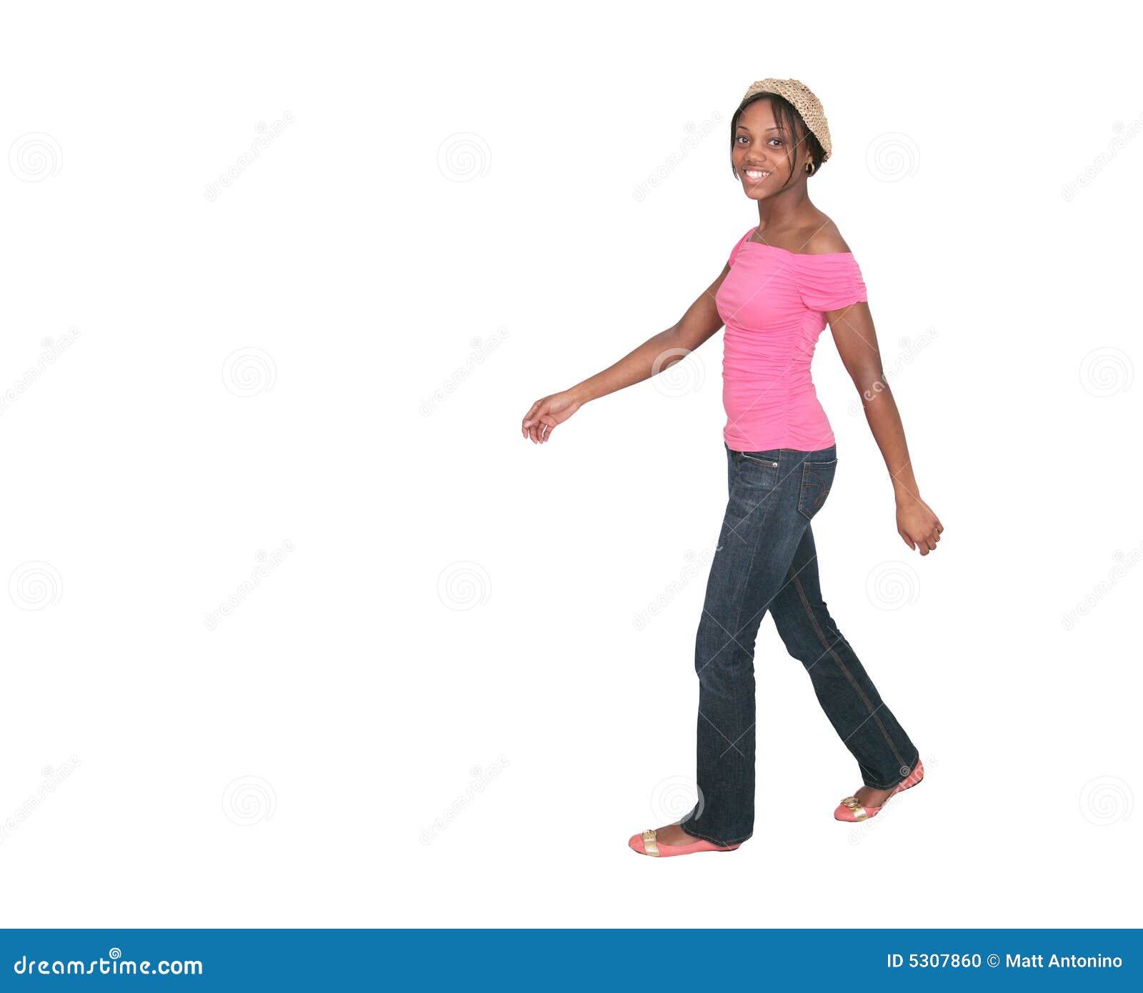 Girl in Pink Walking Across a White Background Stock Photo - Image of ...