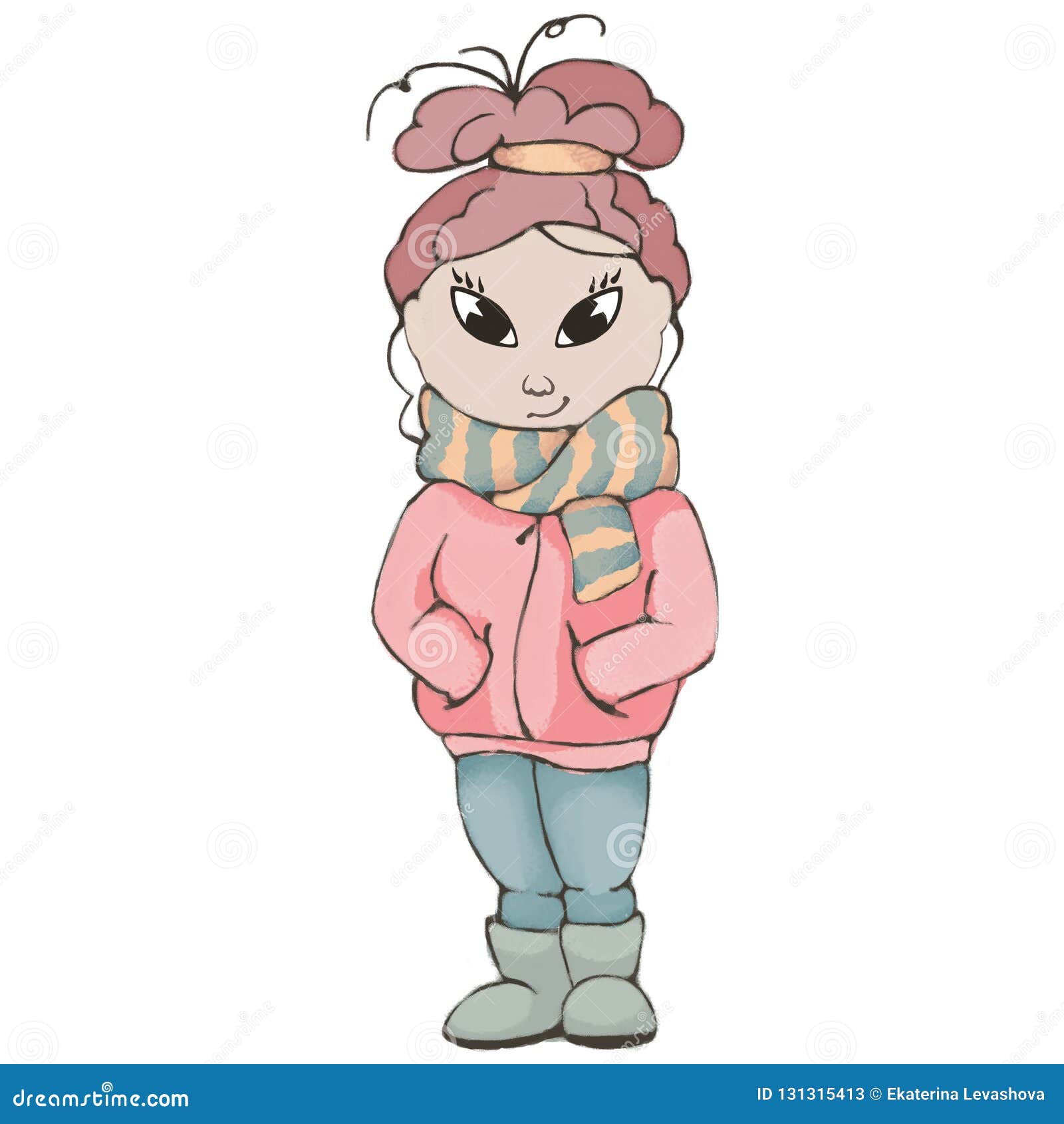 Girl In A Pink Winter Jacket Woman Cartoon Isolated On White
