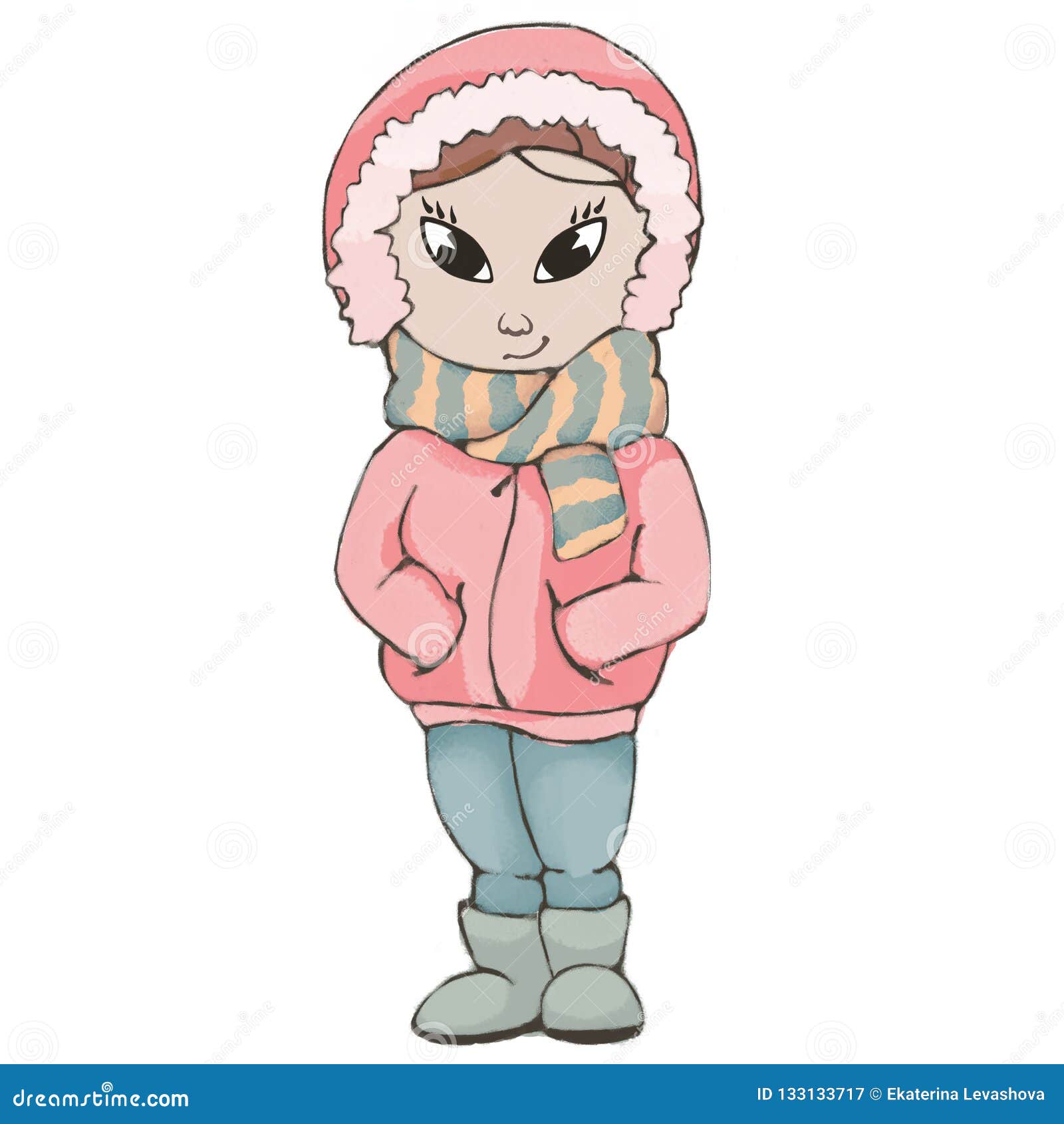 Girl In A Pink Winter Jacket Woman Cartoon In The Winter Hood