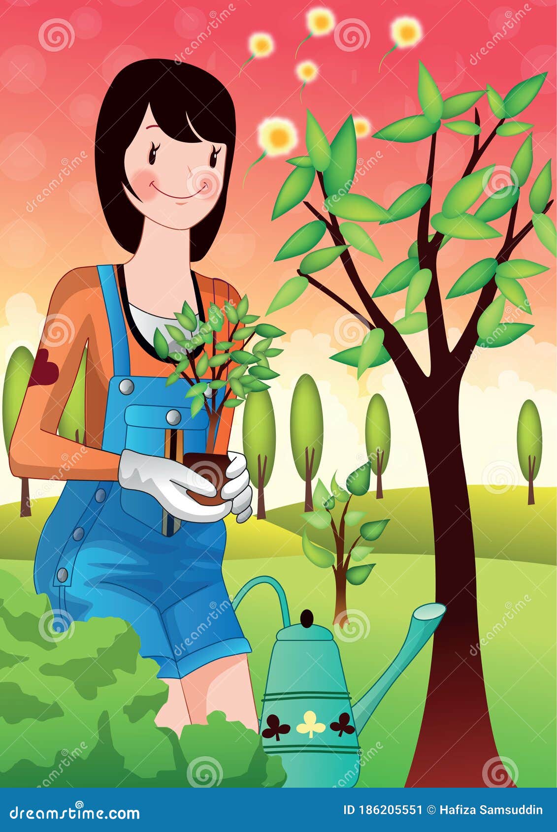 Girl Planting Trees. Vector Illustration Decorative Design Stock Vector ...