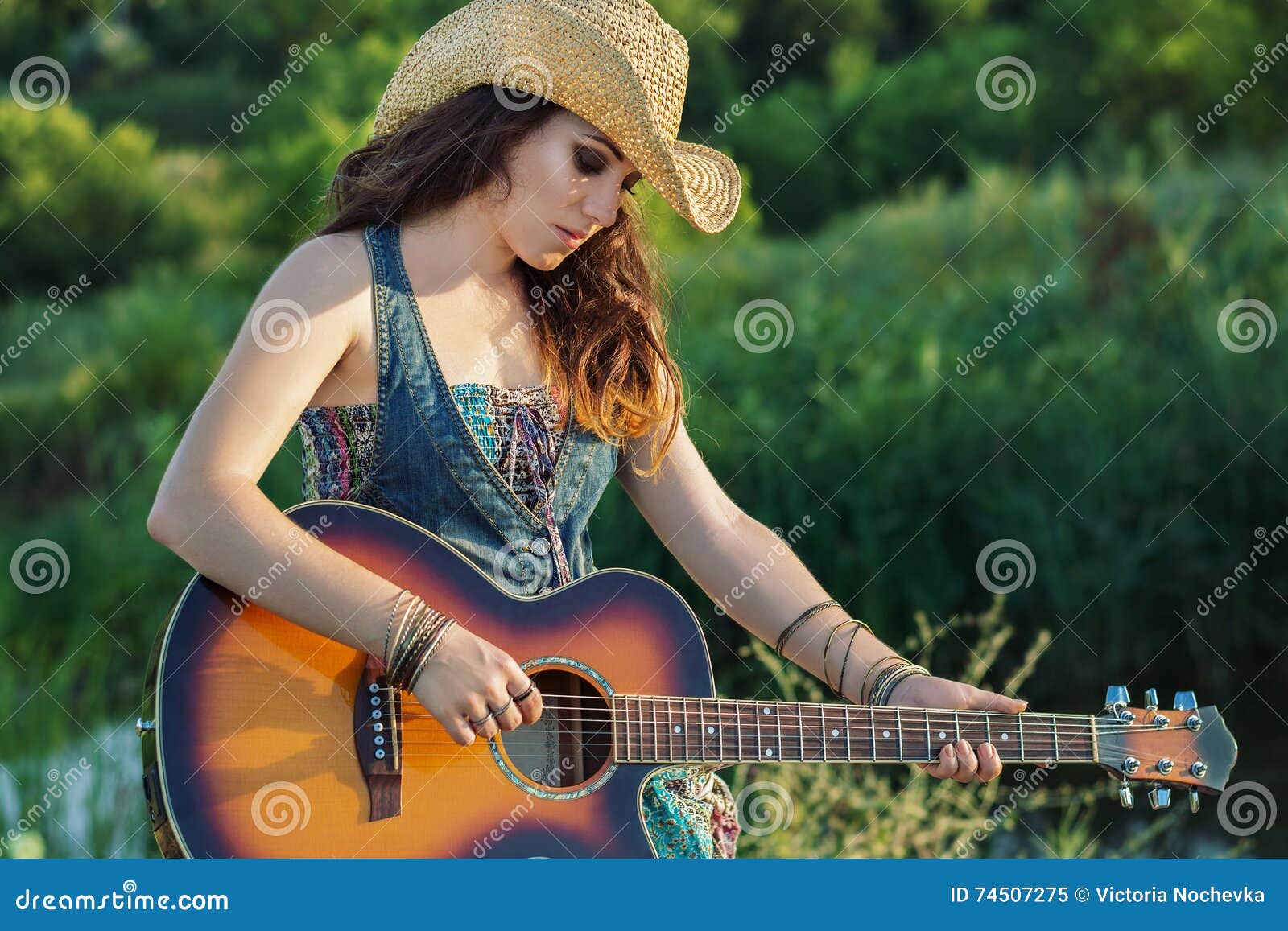 Girl Playing Acoustic Guitar Stock Image Image Of Playing Denim