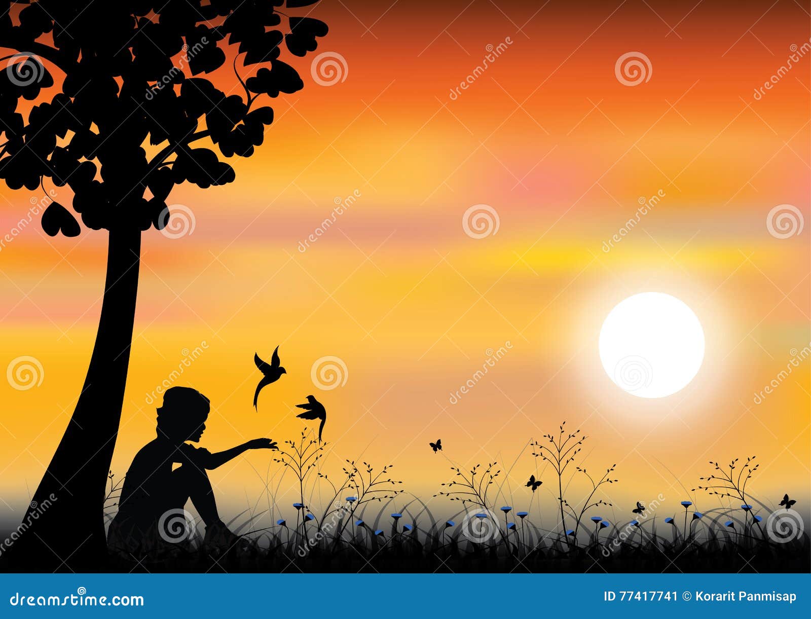 Girl Playing with Birds Under Tree, Vector Illustrations Stock Vector ...