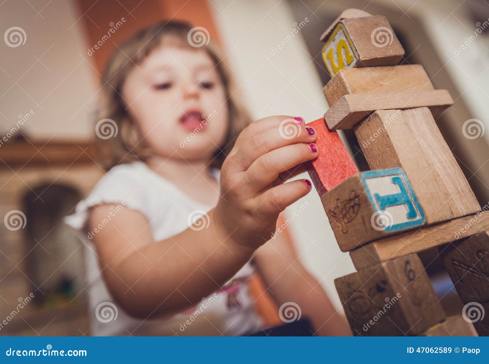 Girl Playing with Building Blocks on Floor Stock Image - Image of cube ...