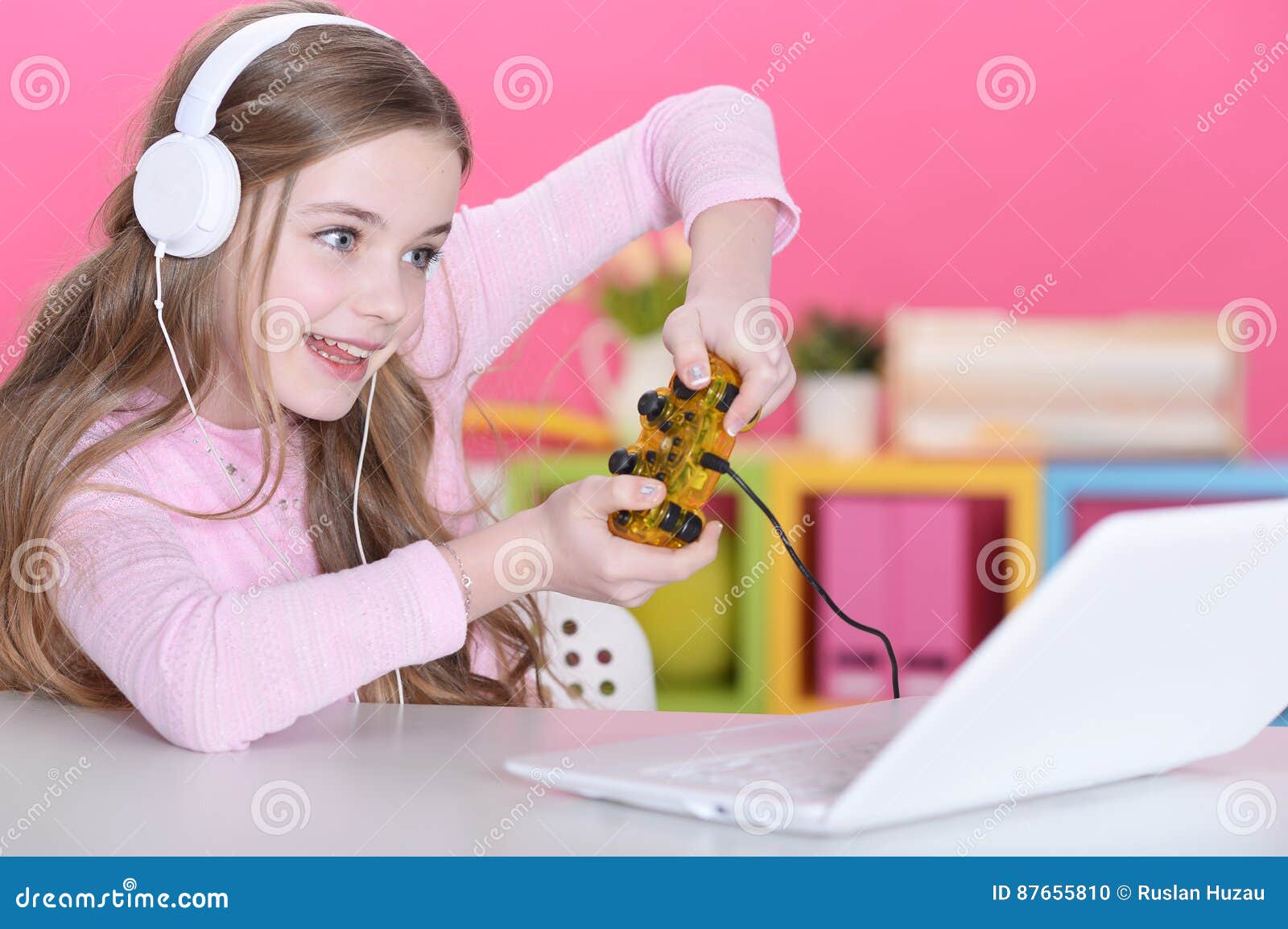 Girl Playing a Computer Game Stock Photo - Image of desk, people: 87655810