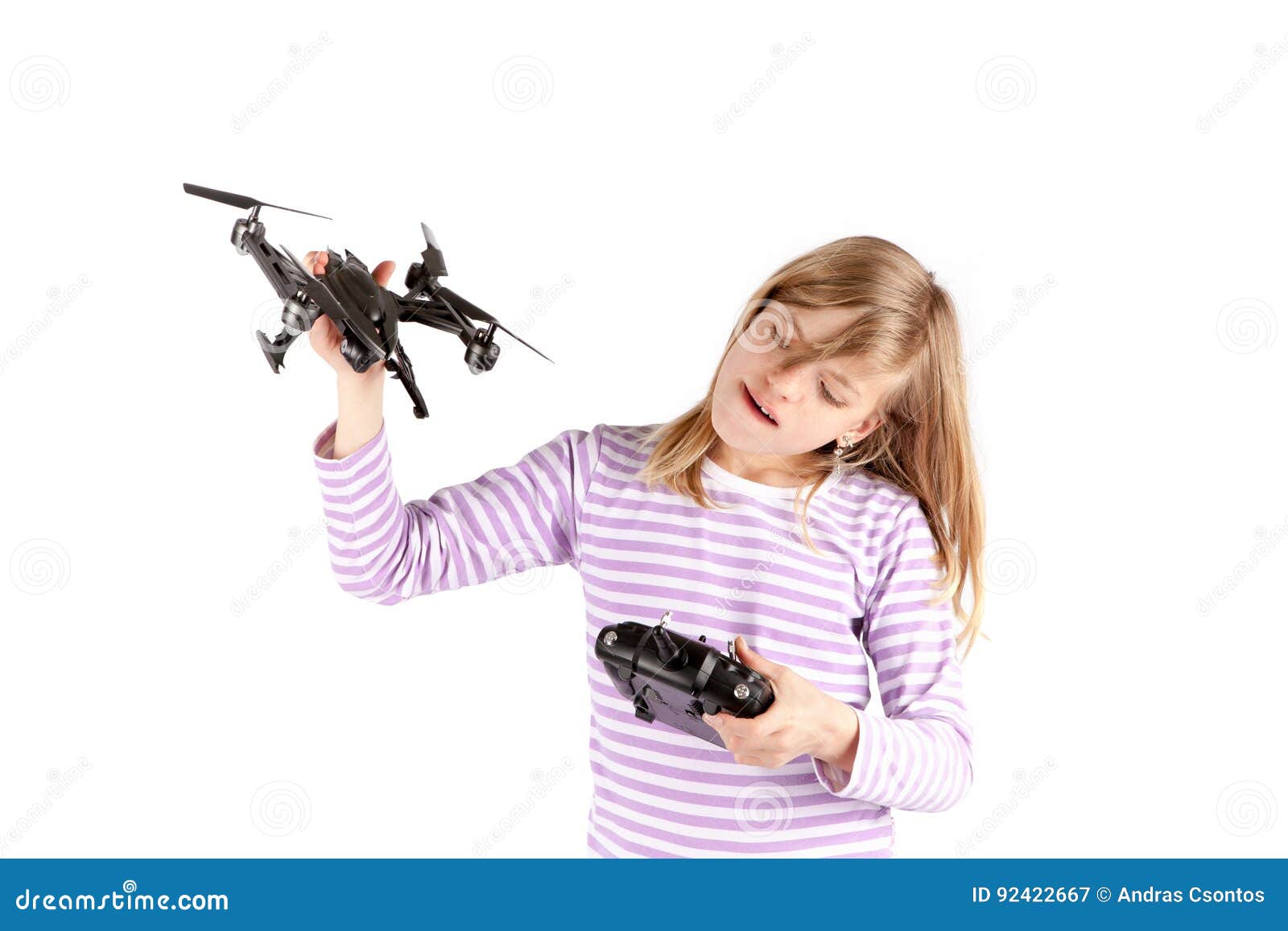 Girl Playing with Drone and Its Remote Control. Isolated on Whit Stock ...