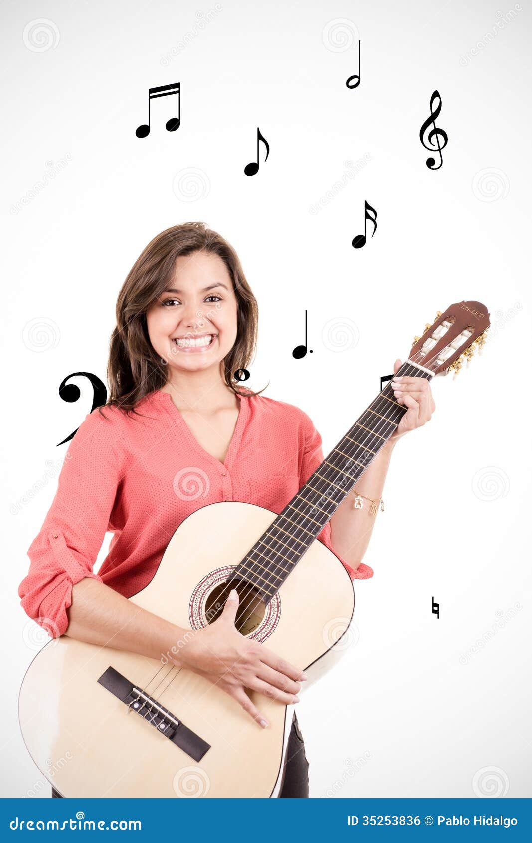 Girl is Playing Guitar with Musical Notes Stock Photo - Image of babe ...