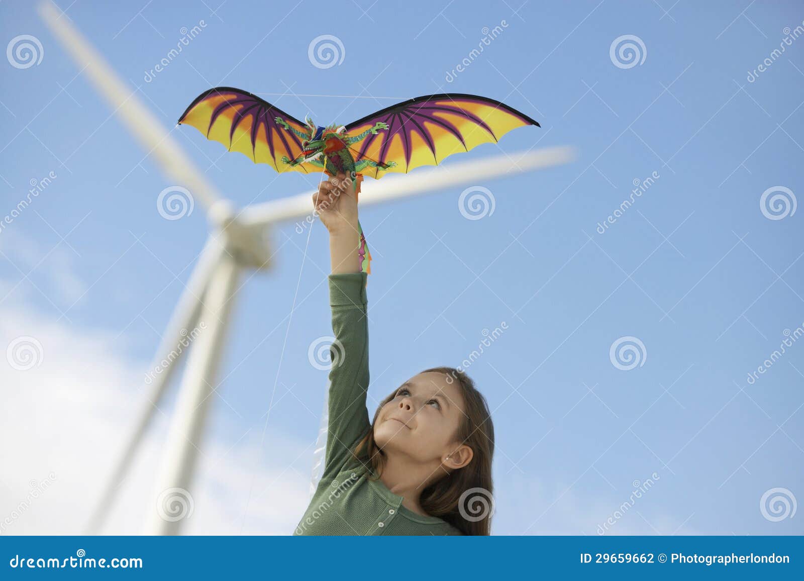Girl Playing with Kite at Wind Farm Stock Photo - Image of holding ...