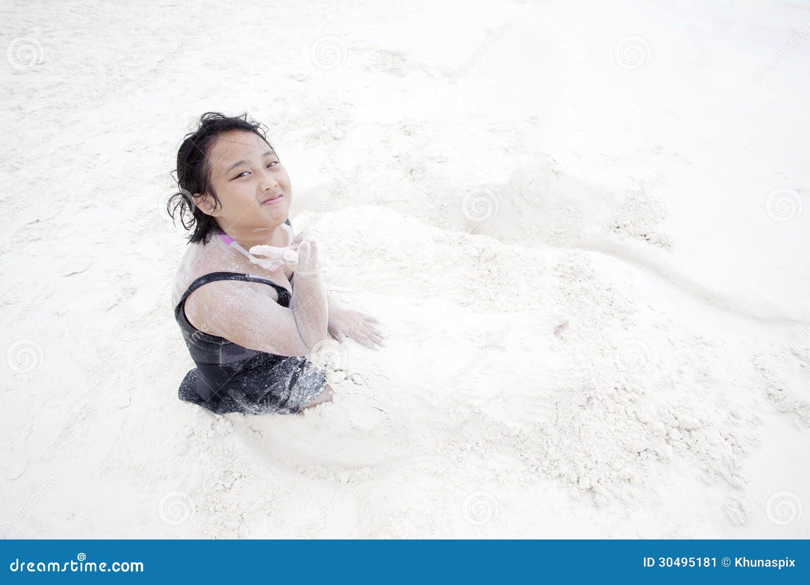 Girl playing on sand beach stock image. Image of face - 30495181
