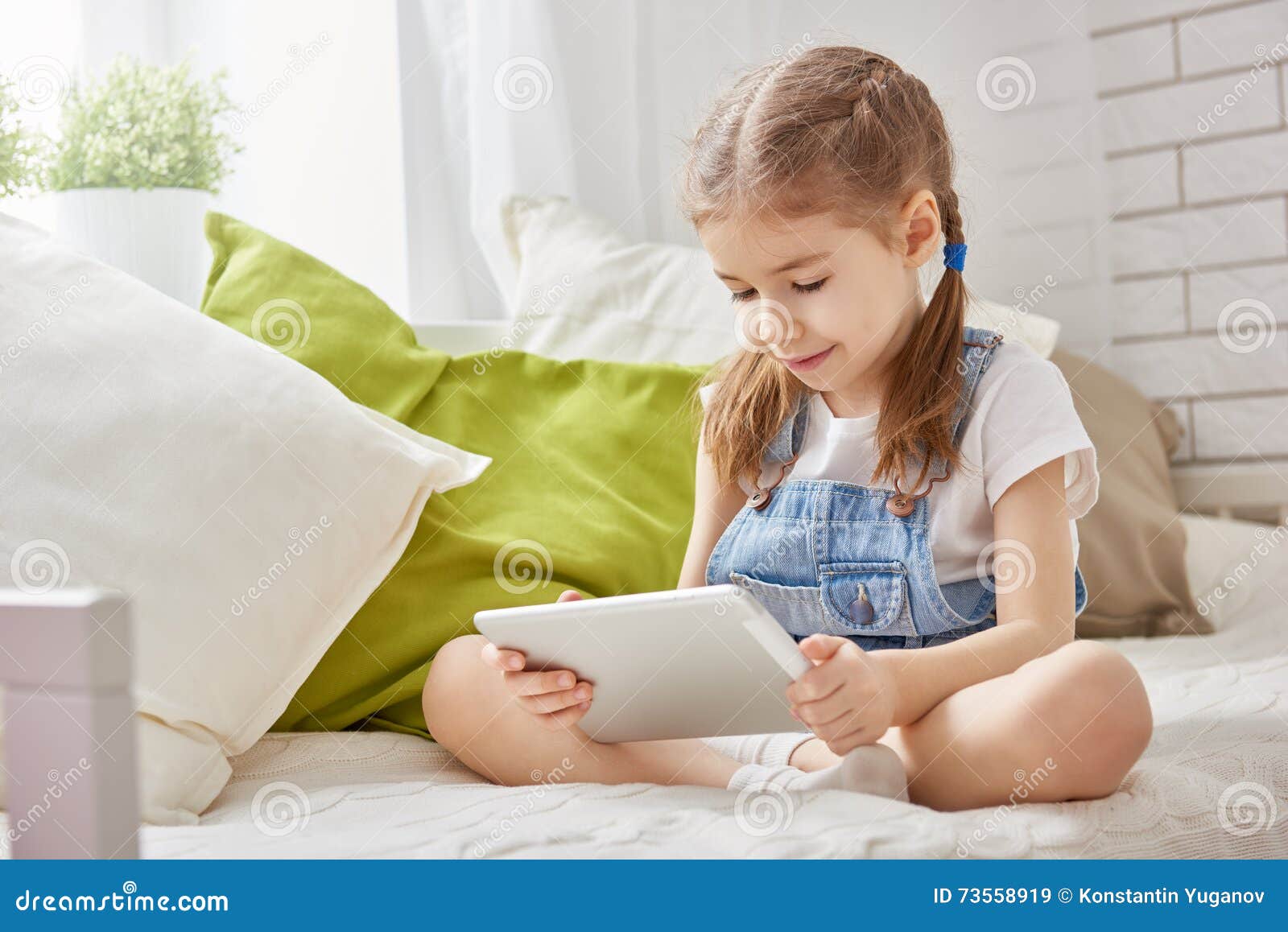 Girl Playing in Tablet Computer Stock Image - Image of family ...