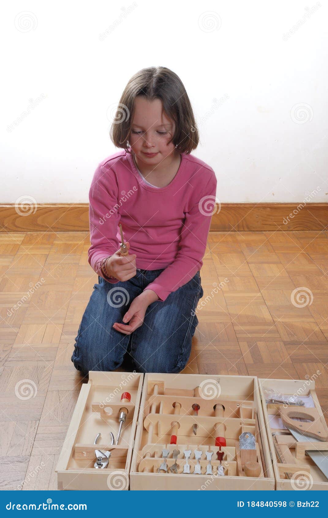 Girl Playing with a Toy Tool Kit Stock Photo - Image of house, play ...