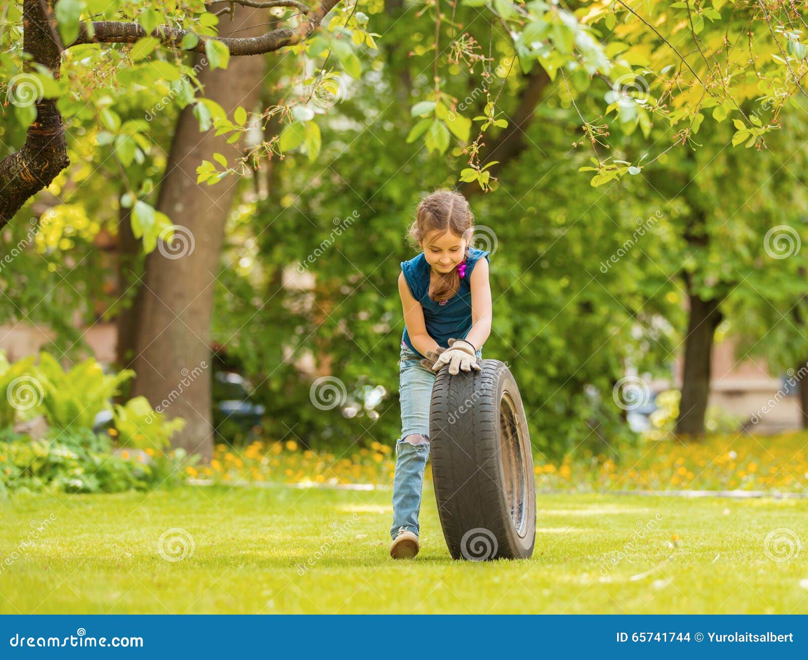 Girl Playing with the Wheel of the Car Stock Photo - Image of forest ...