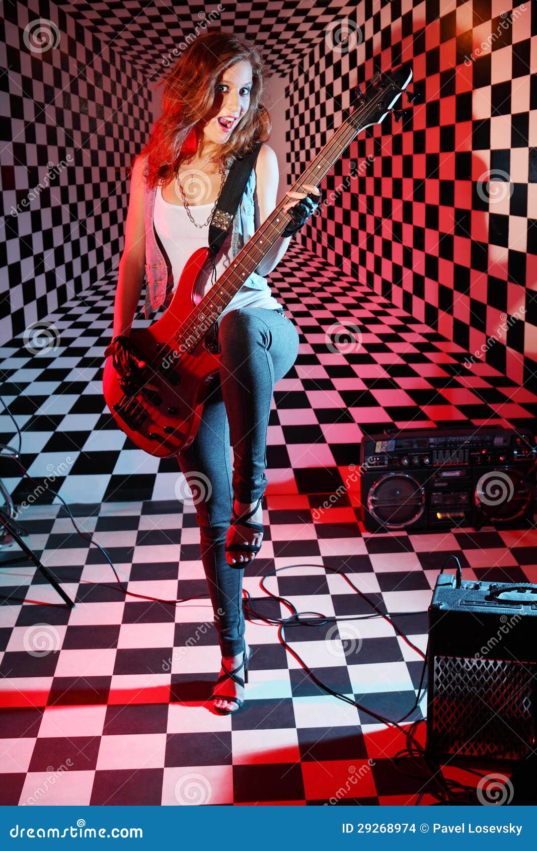 Girl Plays Electric Guitar And Sings In Studio Stock Images - Image ...