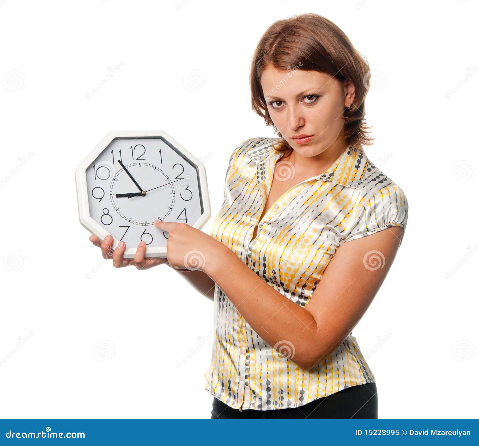 Girl Points a Finger at Clock Stock Image - Image of portrait, isolated ...