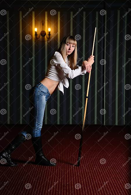 Girl with a pool cue stock image. Image of caucasian - 25728699
