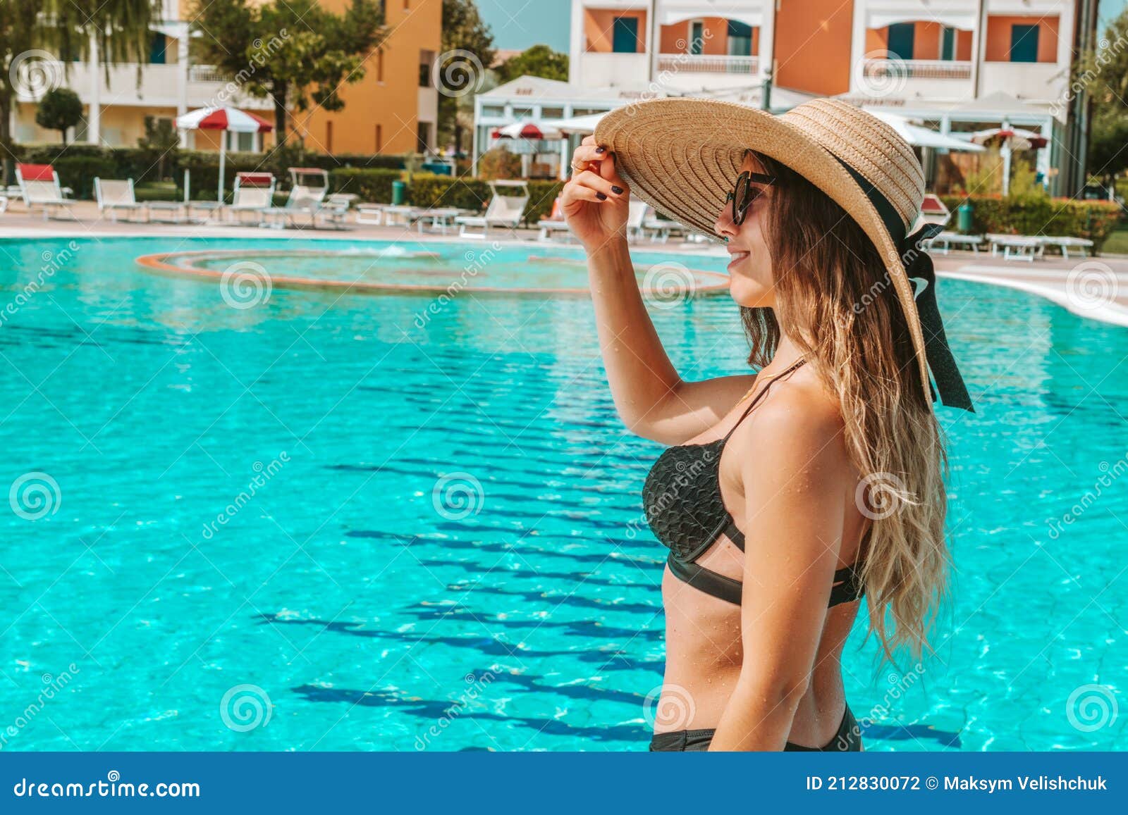Girl By Pool Happy Young Woman In Bikini Swimsuit Sunglasses And