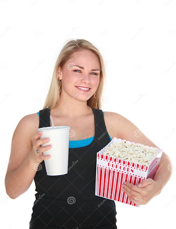 Girl with Popcorn stock image. Image of black, woman, movies - 5774647