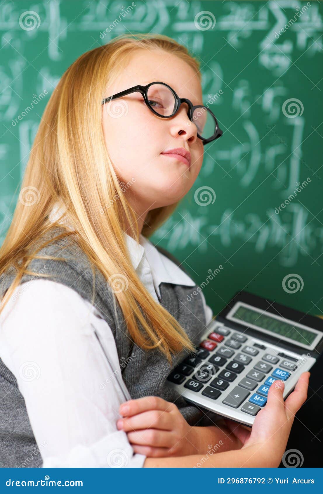 GIrl, Portrait and Calculator by Chalkboard for Education, Learning and ...