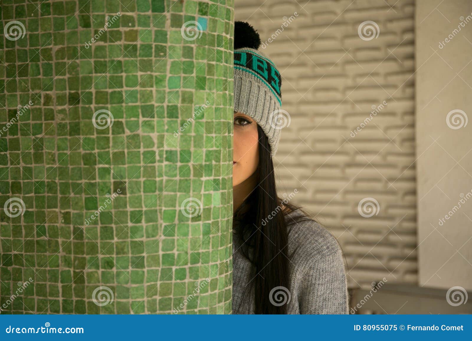 Girl pose in a column stock image. Image of pretty, portrait - 80955075