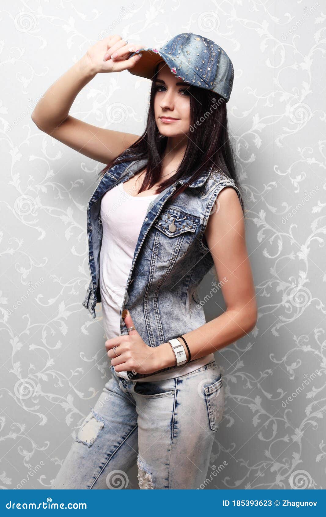 Girl Posing in a Denim Jacket Stock Image - Image of apparel, blank ...