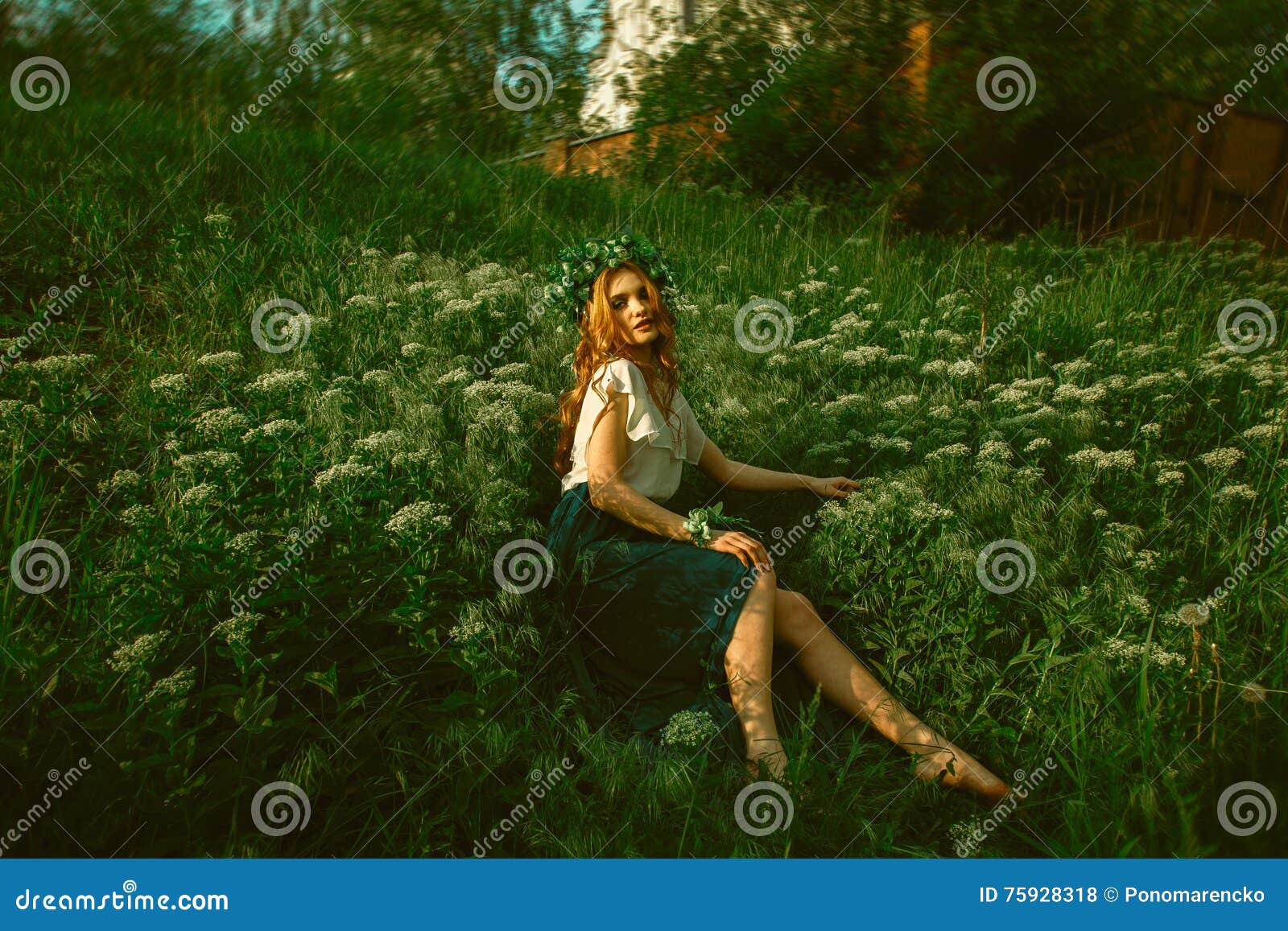 Girl posing in the grass stock photo. Image of life, flower - 75928318