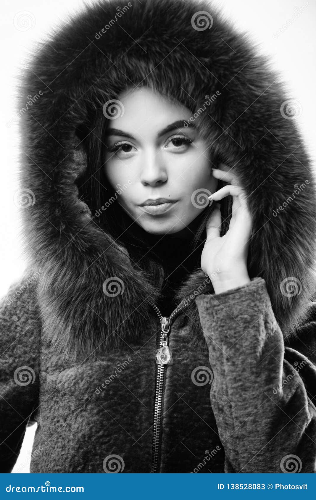 Girl Posing Hooded Fur Coat Female With Makeup Wear Dark Blue Soft Fur