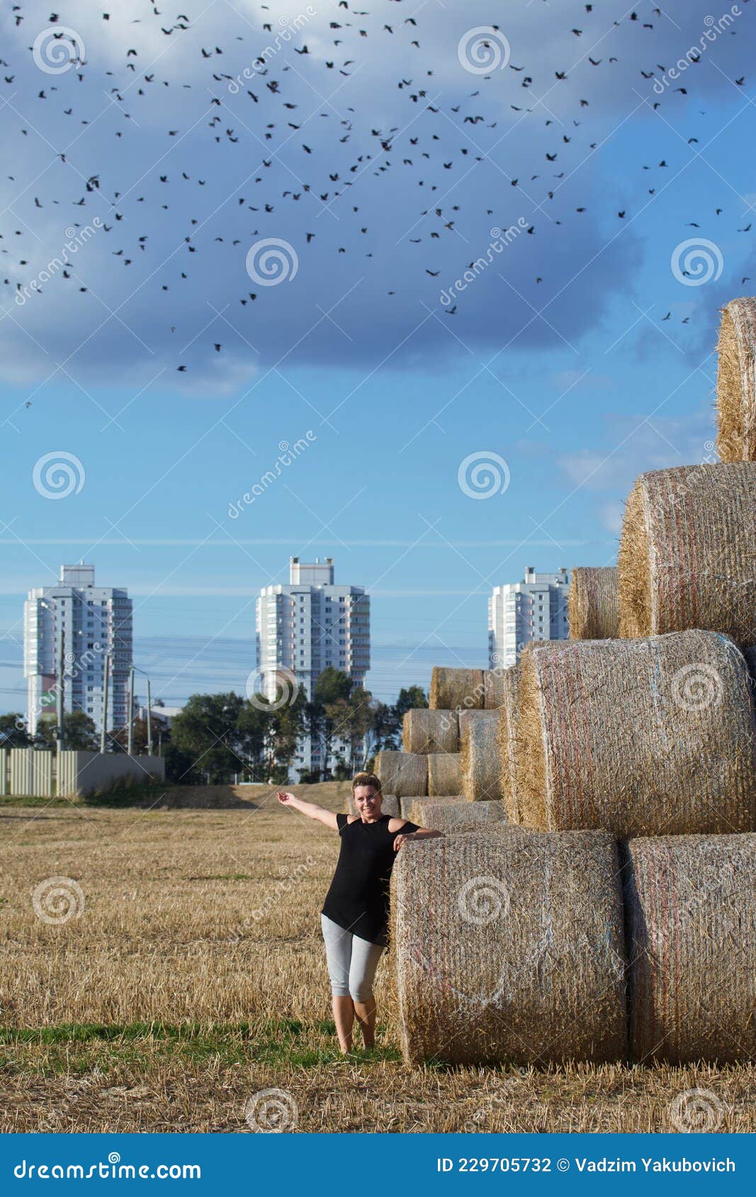 Girl Posing Near a Stack of Straw. Straw Rolls, Stacked in a Pyramid ...