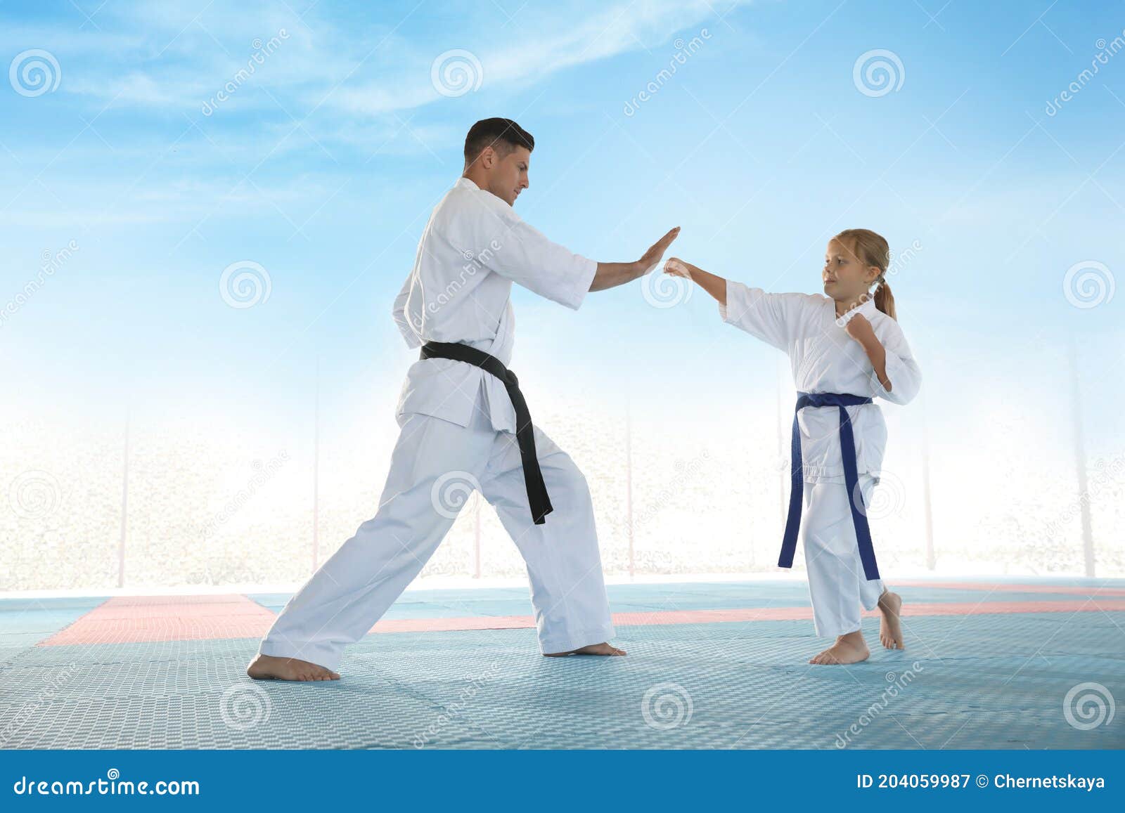 Girl Practicing Karate with Coach on Tatami Outdoors Stock Image ...
