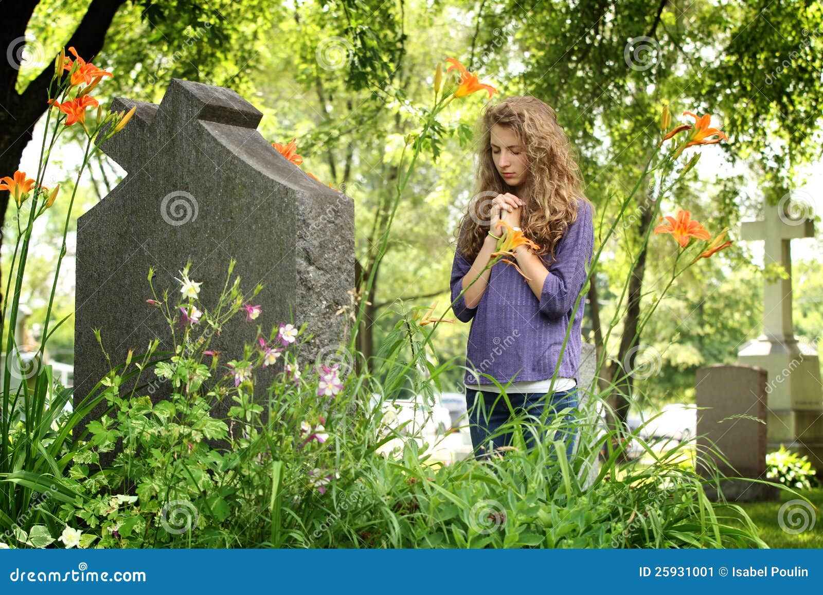 Girl Praying at the Cemetery Stock Image - Image of visit, unhappy ...