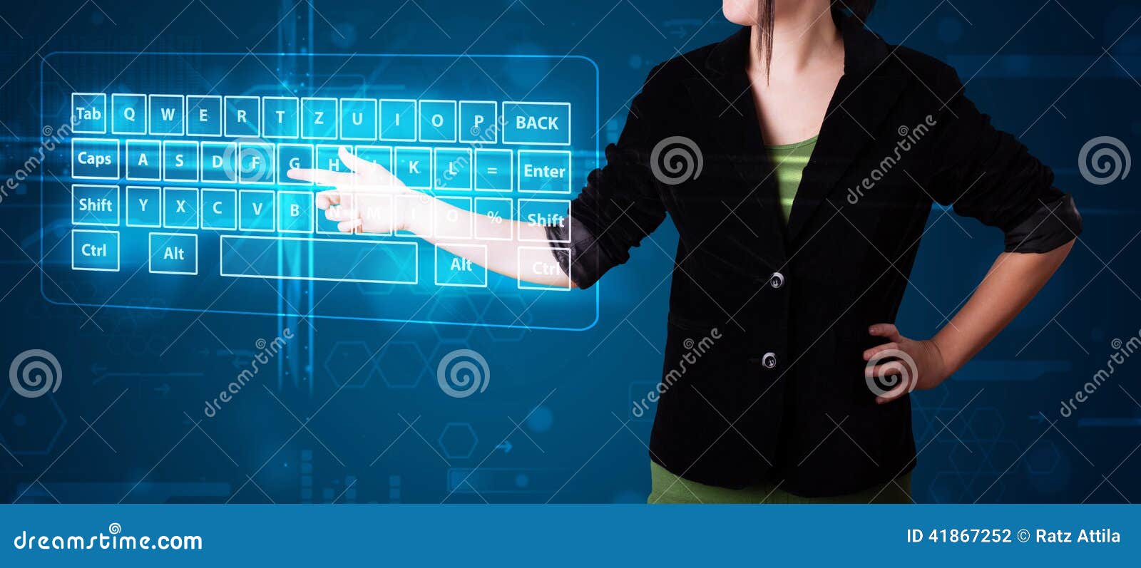 Girl Pressing Virtual Type of Keyboard Stock Photo - Image of hand ...