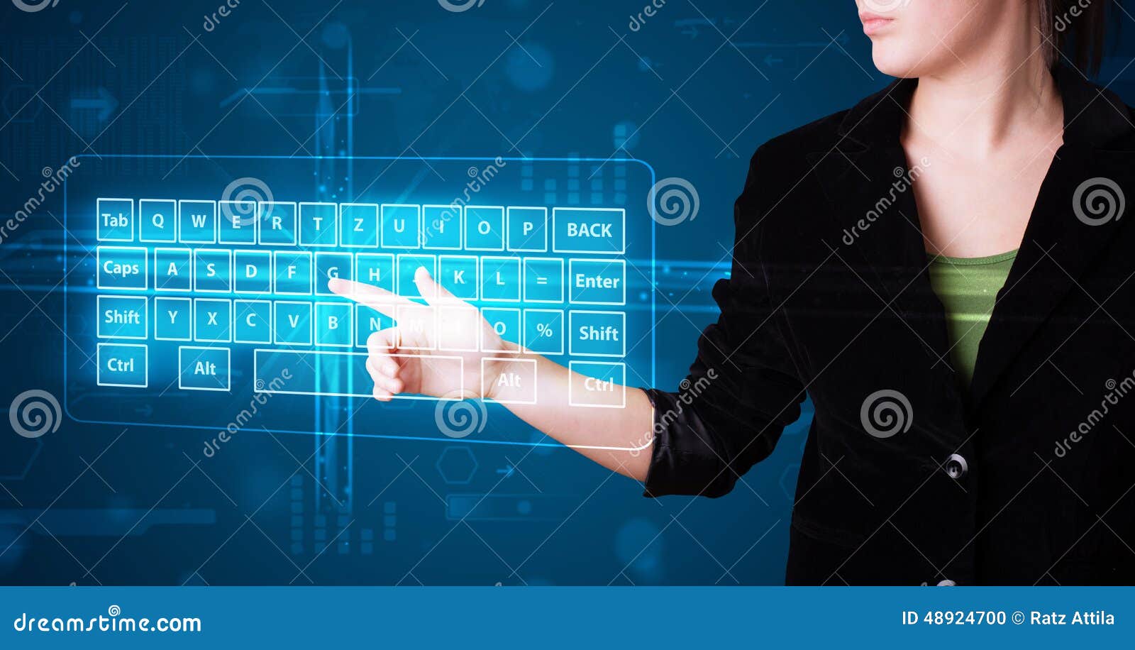 Girl Pressing Virtual Type of Keyboard Stock Photo - Image of choosing ...