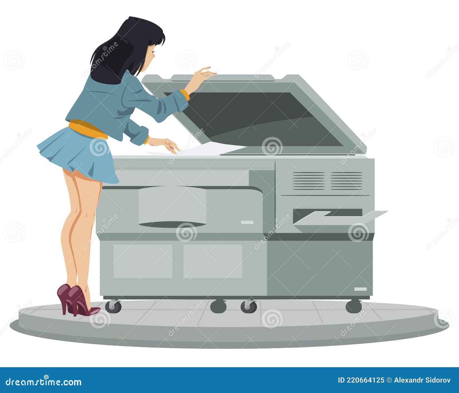Girl Prints Documents on Printer. Office Work. Woman Using Copy Machine ...