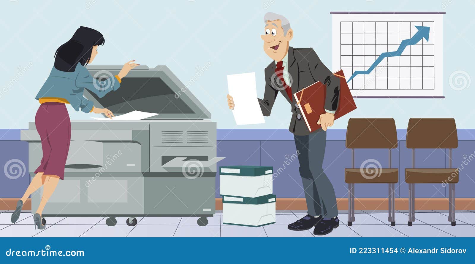 Girl Prints Documents on Printer. Office Work. Woman Using Copy Machine ...