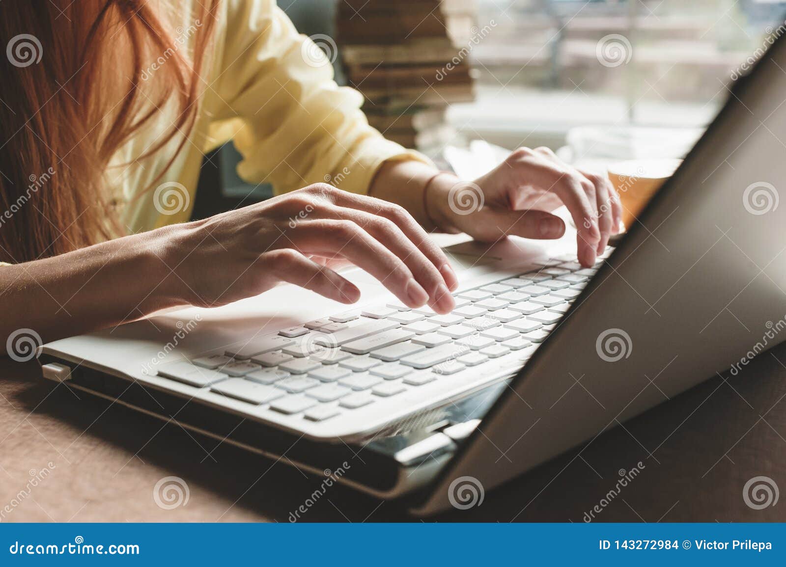 The Girl Prints on a White Computer. Closeup of Hands on the Keyboard ...