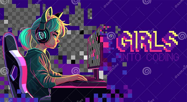 Girl Programmer with a Headset Sits in Front of a Computer Stock Vector ...