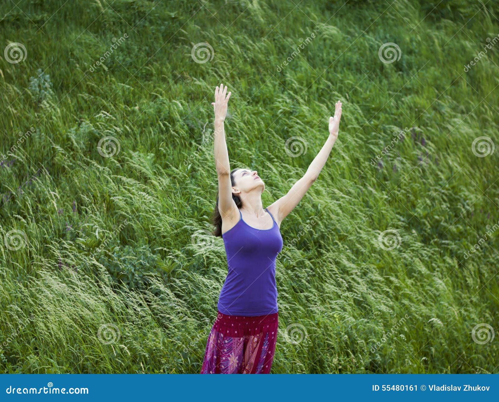 Girl pulls his hands up. stock image. Image of blue, park - 55480161