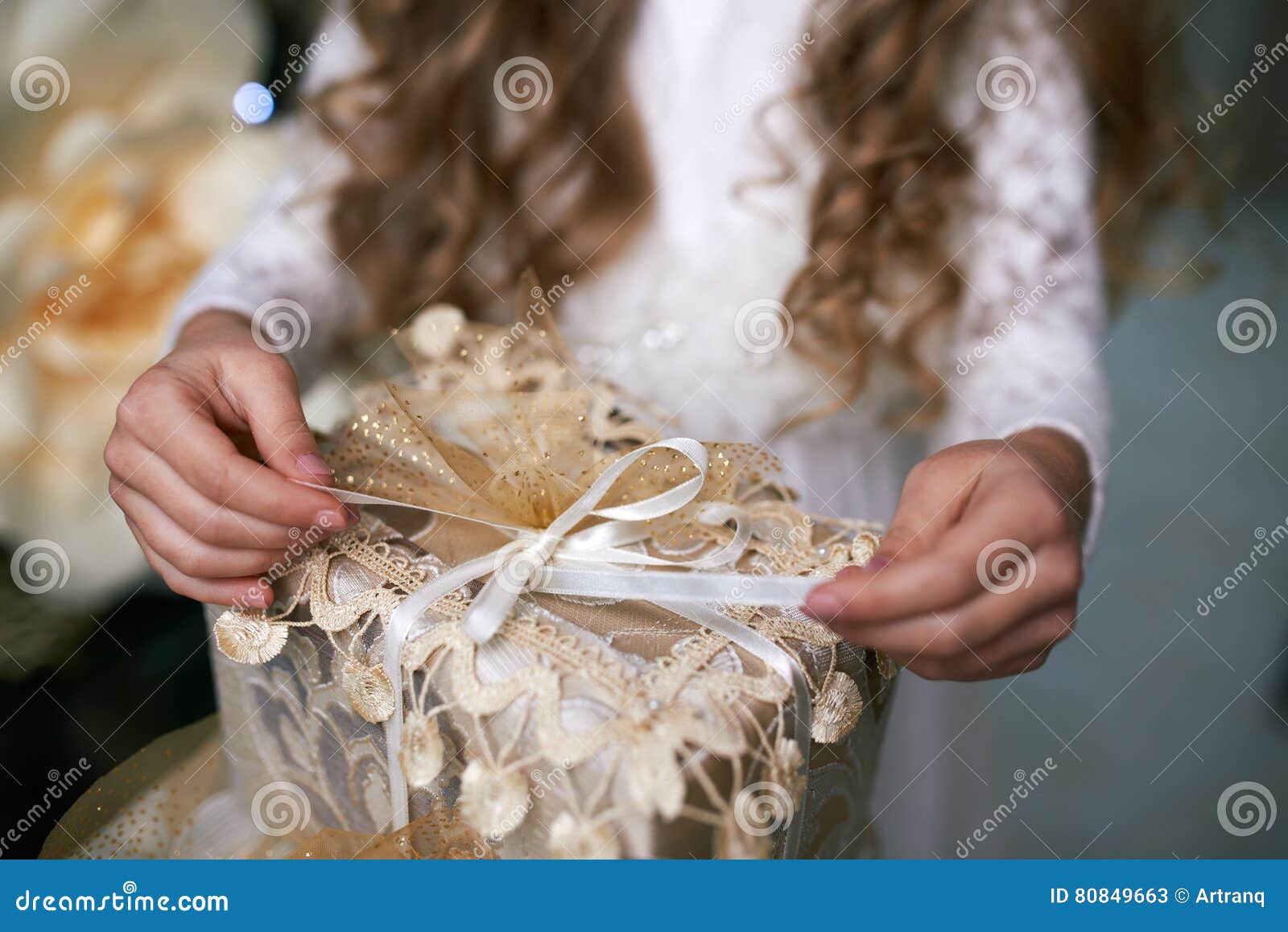 Girl Pulls the Ribbon Opening Gift Stock Image - Image of year, pulls ...