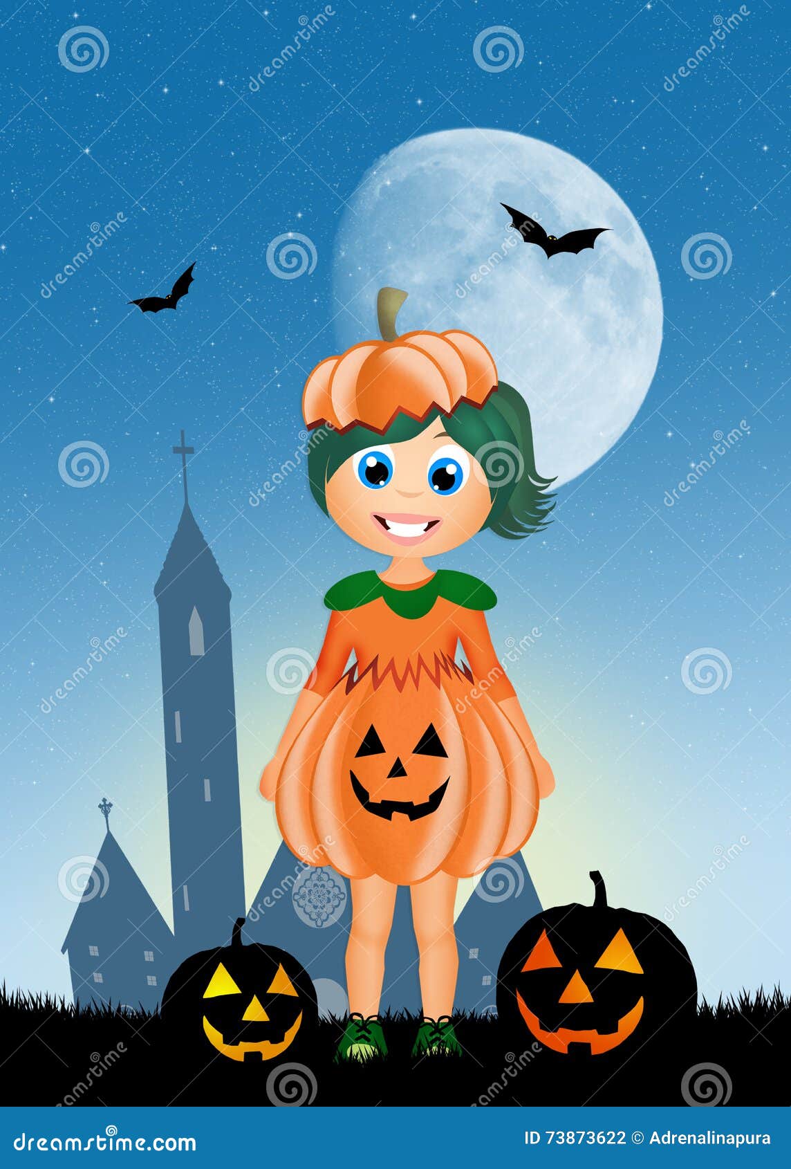 Girl with pumpkin costume stock illustration. Illustration of bats ...