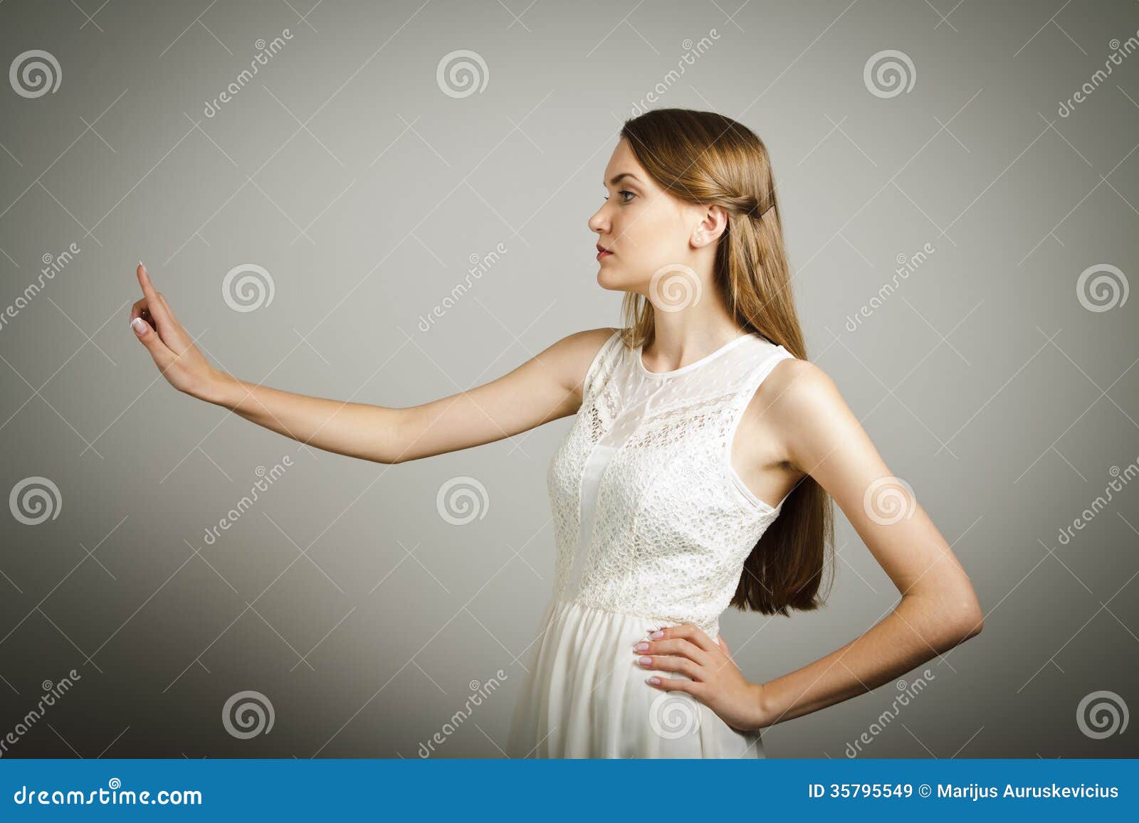 Girl pushing the button stock image. Image of conceptual - 35795549